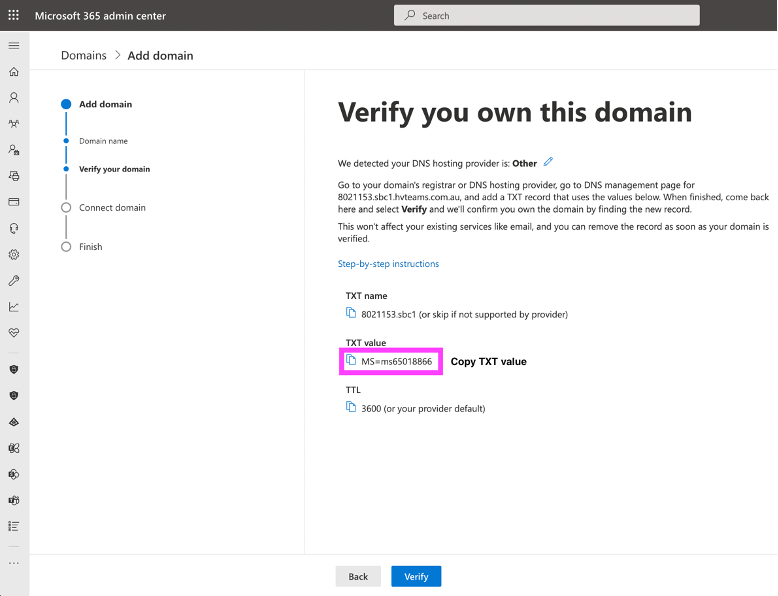 Microsoft O365 Admin Center - Add a New Domain